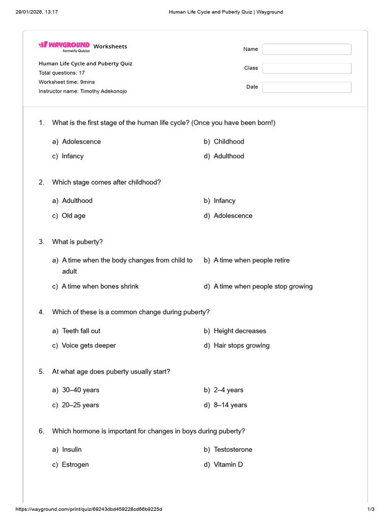 Human Life Cycle and Puberty Quiz - Wayground | PDF | Puberty | Adolescence