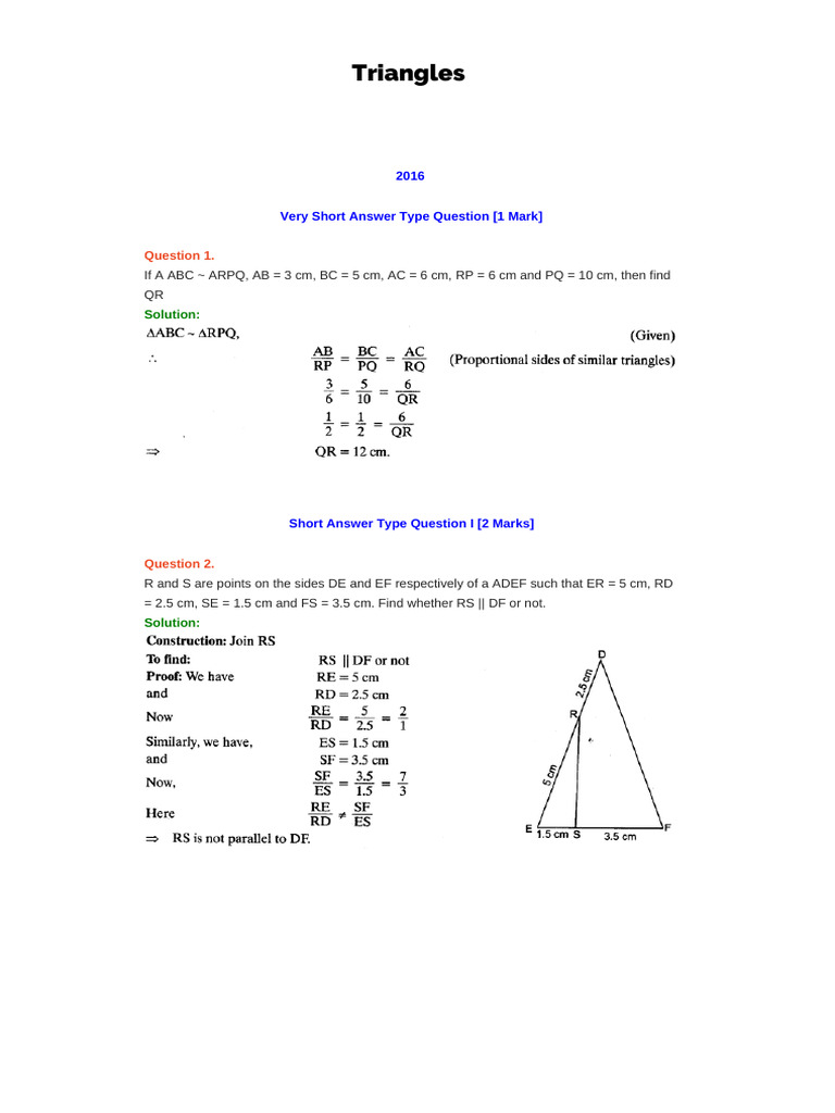Math Class 10 Chap 6 PYQs #3 | PDF | Triangle | Area