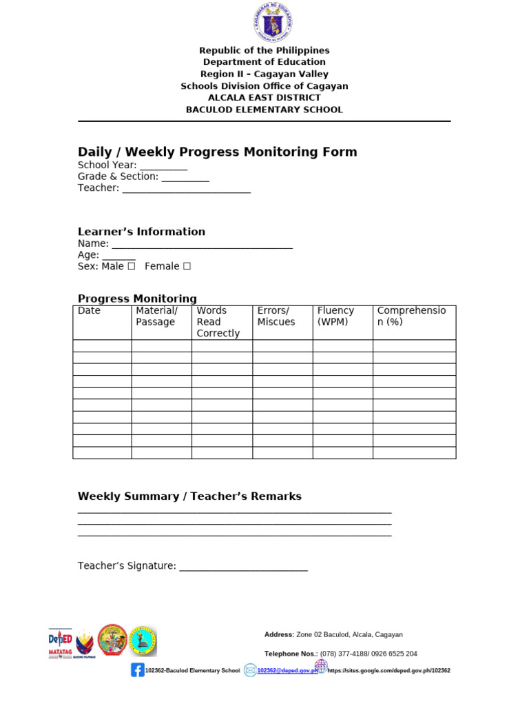 Daily Weekly Progress Monitoring Form-1 | PDF