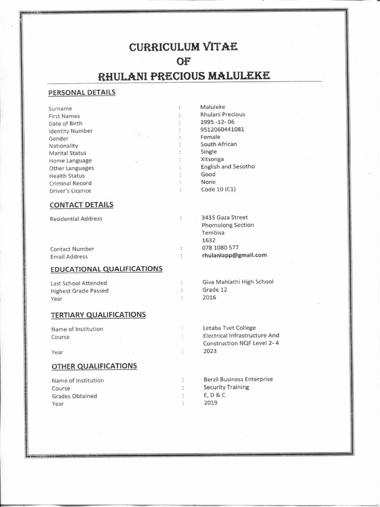 Rhulani Precious Maluke CV | PDF