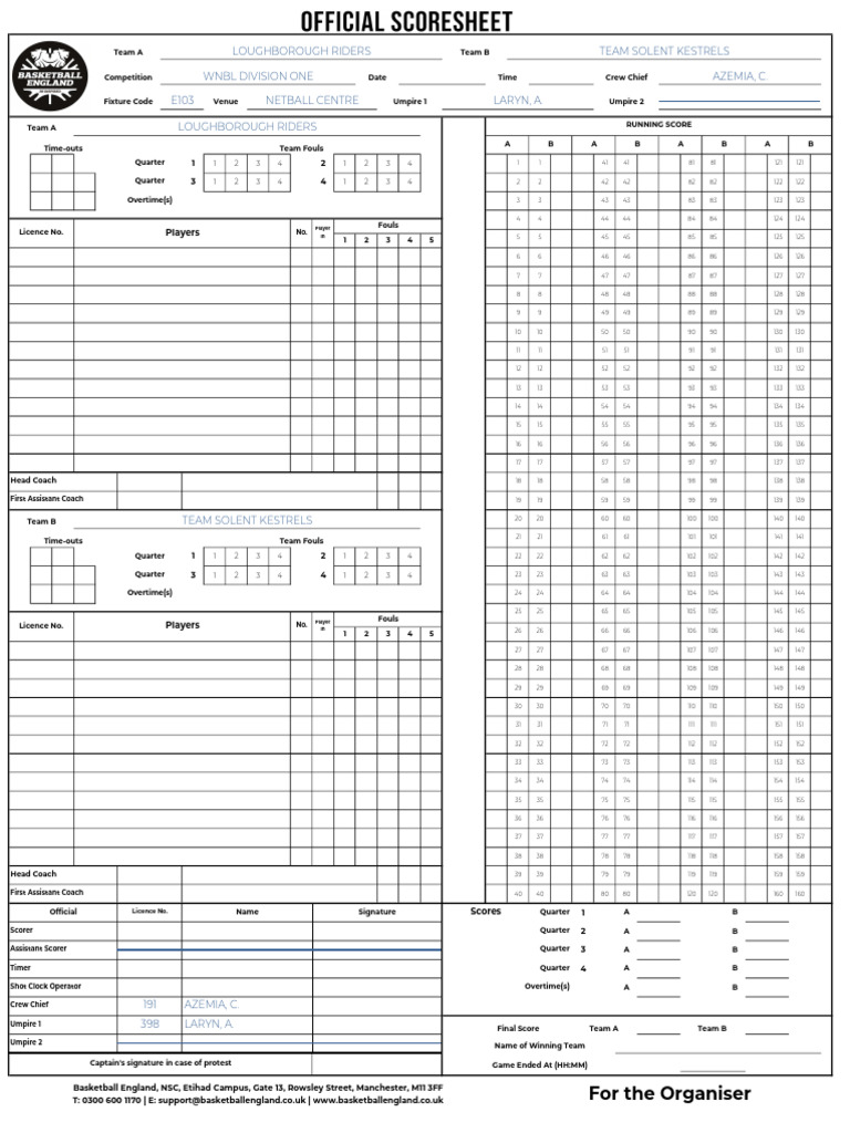 Practice Scoresheet TEMPLATE | PDF | Sports Rules And Regulations ...