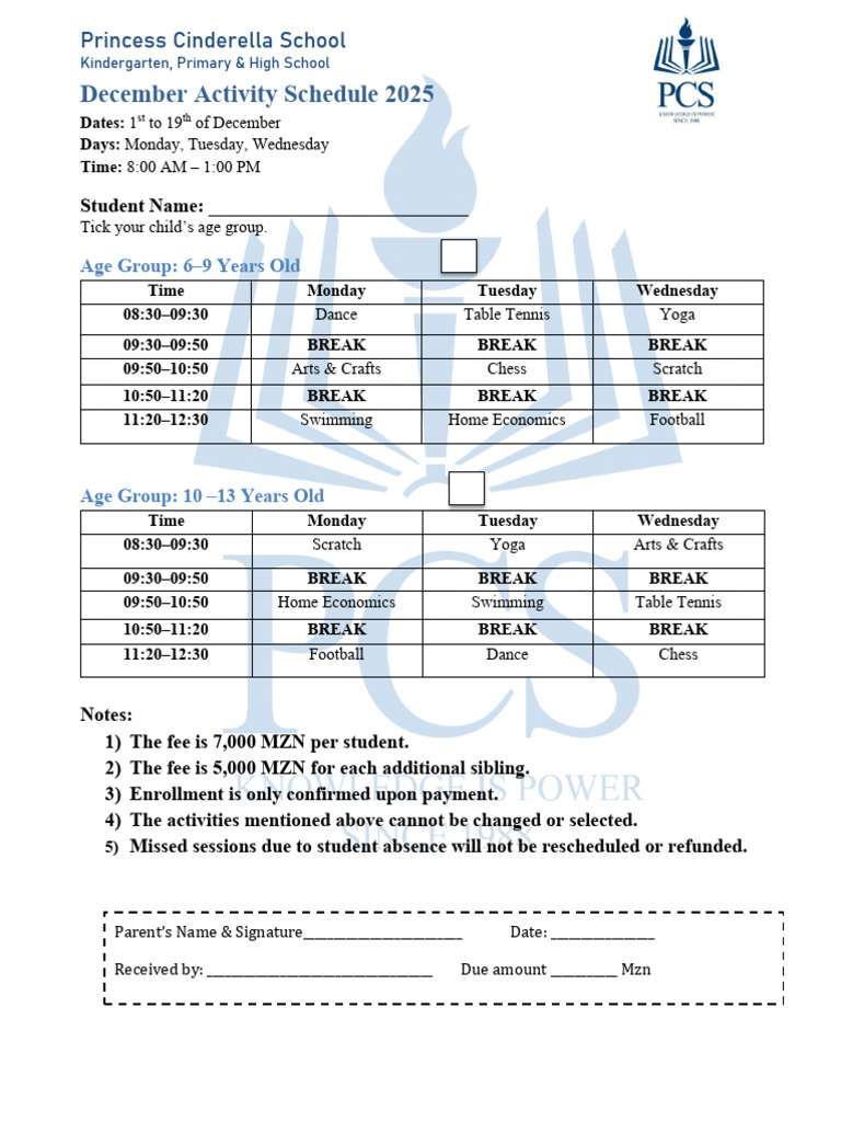 December Activity Schedule 2025 (Student's Copy) | PDF