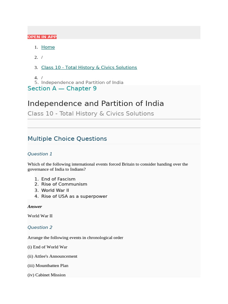 Independence and Partition | PDF | Partition Of India | Pakistan Movement