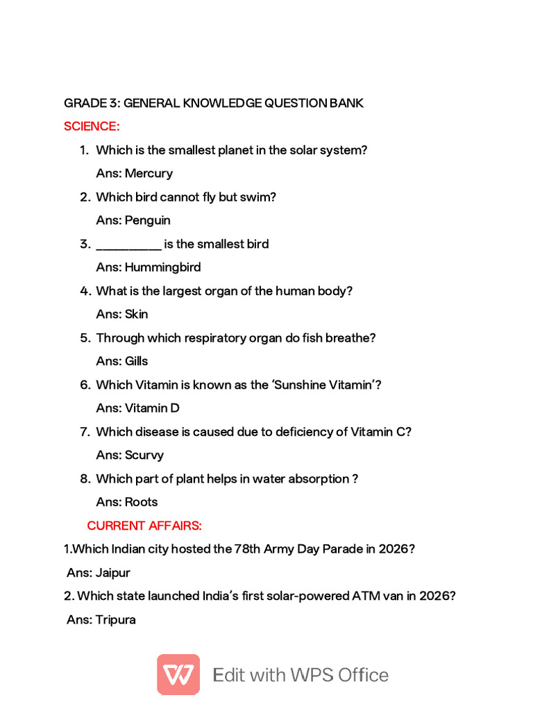 Grade 3 Question Bank Final Term New | PDF
