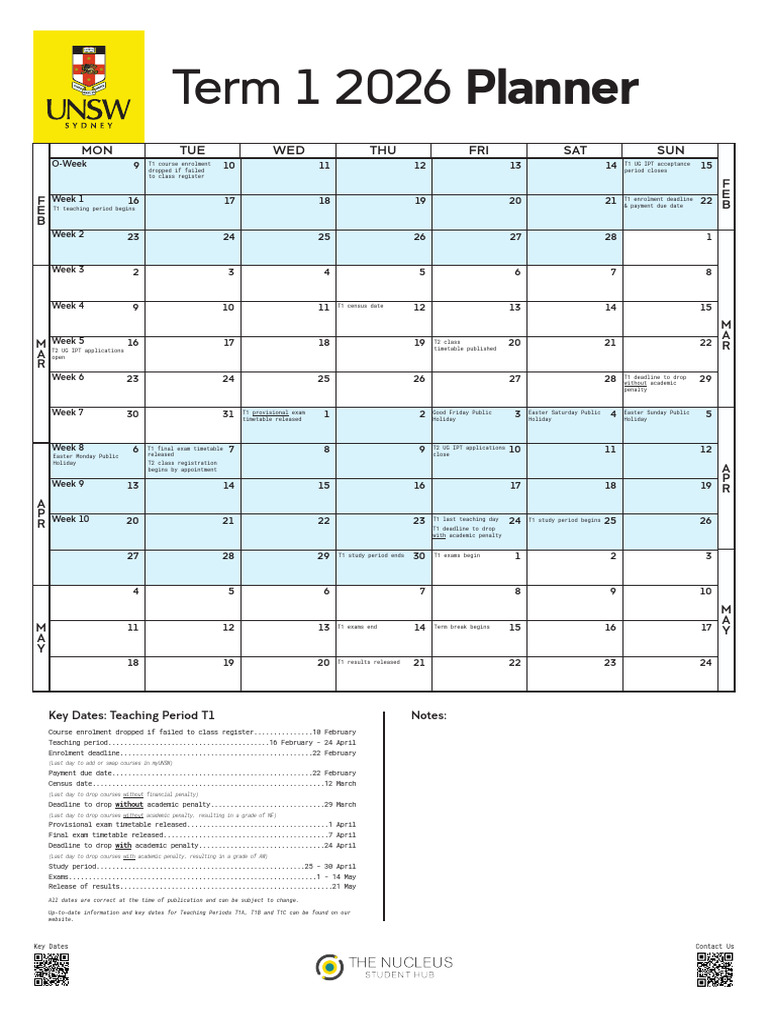 2026 01 T1 Student Planner | PDF | Observances | Tests