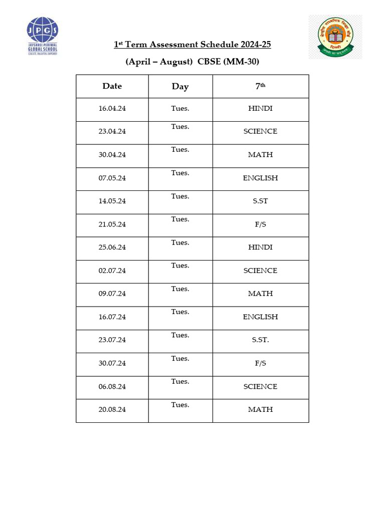Gr.-7 (CBSE) 1st Term Assessment Schedule 2024-25 | PDF