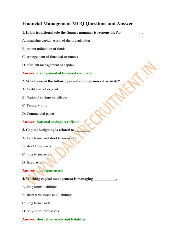 Financial Management MCQ Questions and Answer | PDF | Cost Of Capital ...