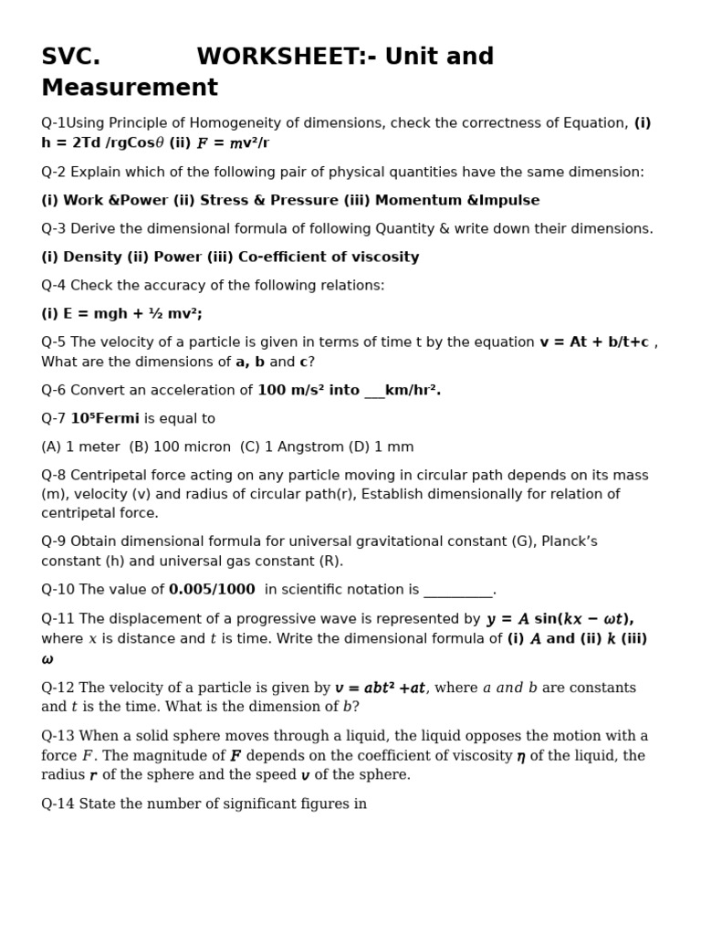 Unit and Measurement Worksheet | PDF