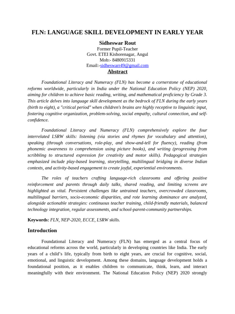 FLN Language Skill Development in Early Year | PDF | Language ...
