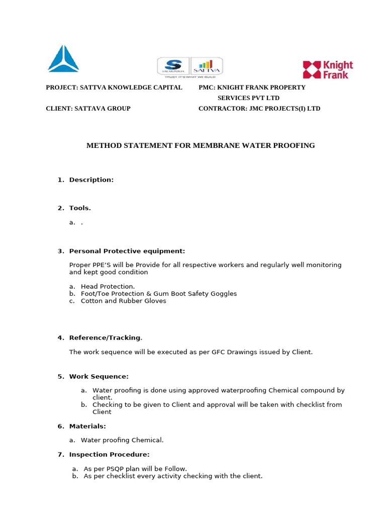 Method Statement For Membrane Waterproofing | PDF