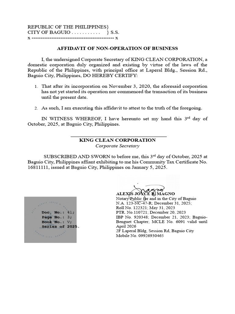 Affidavit of Non-operation of Business | PDF