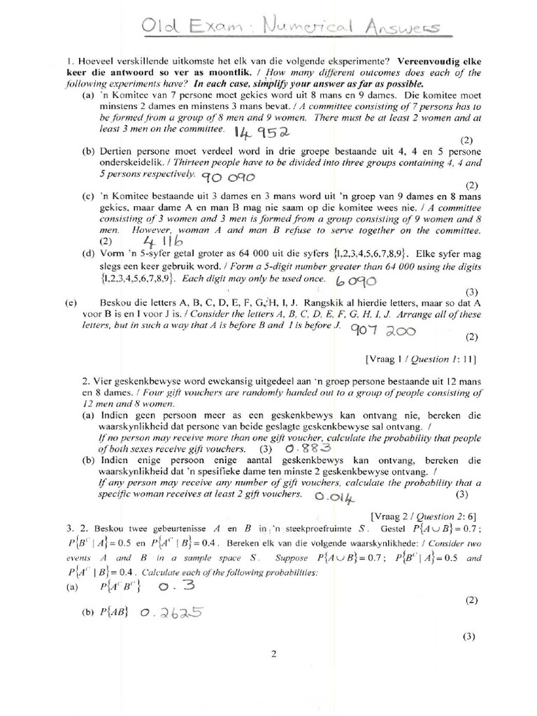 Old Exam With Numerical Answers | PDF