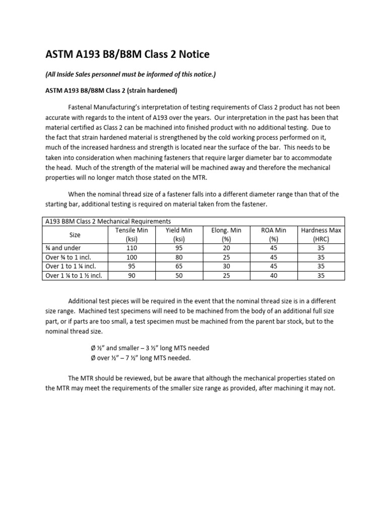 A193 B8 & B8M Class 2 Notification | PDF
