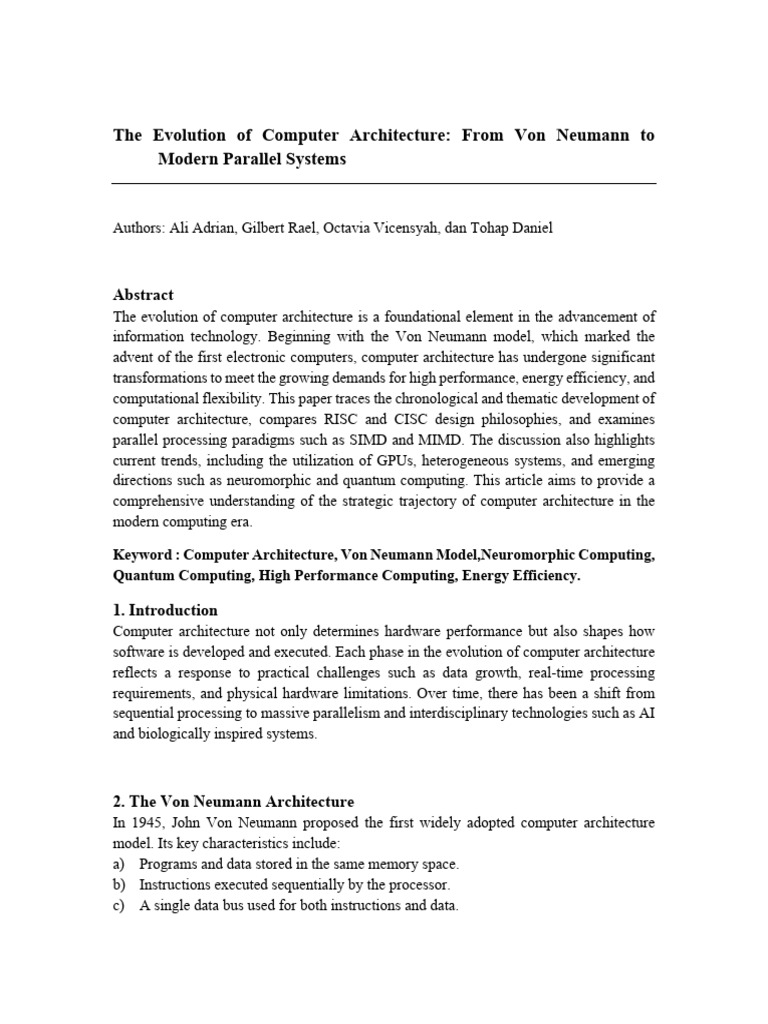 The Evolutionof Computer Architecture From Von Neumannto Modern ...