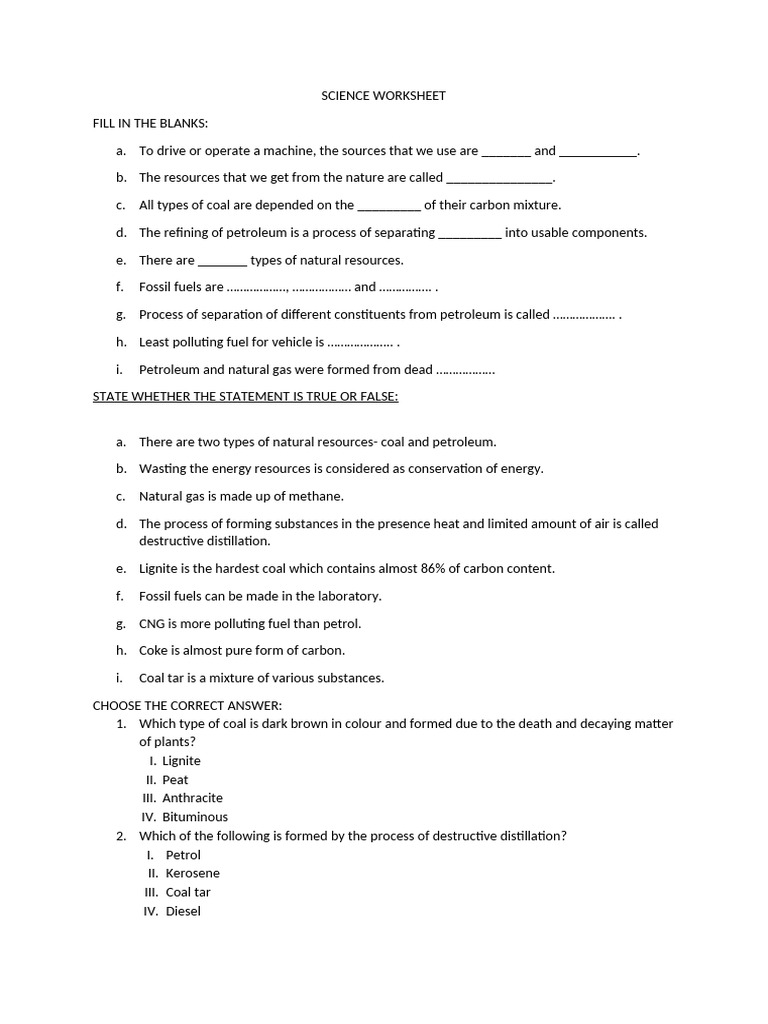 Science Worksheet Coal and Petroleum | PDF | Coal | Fuels