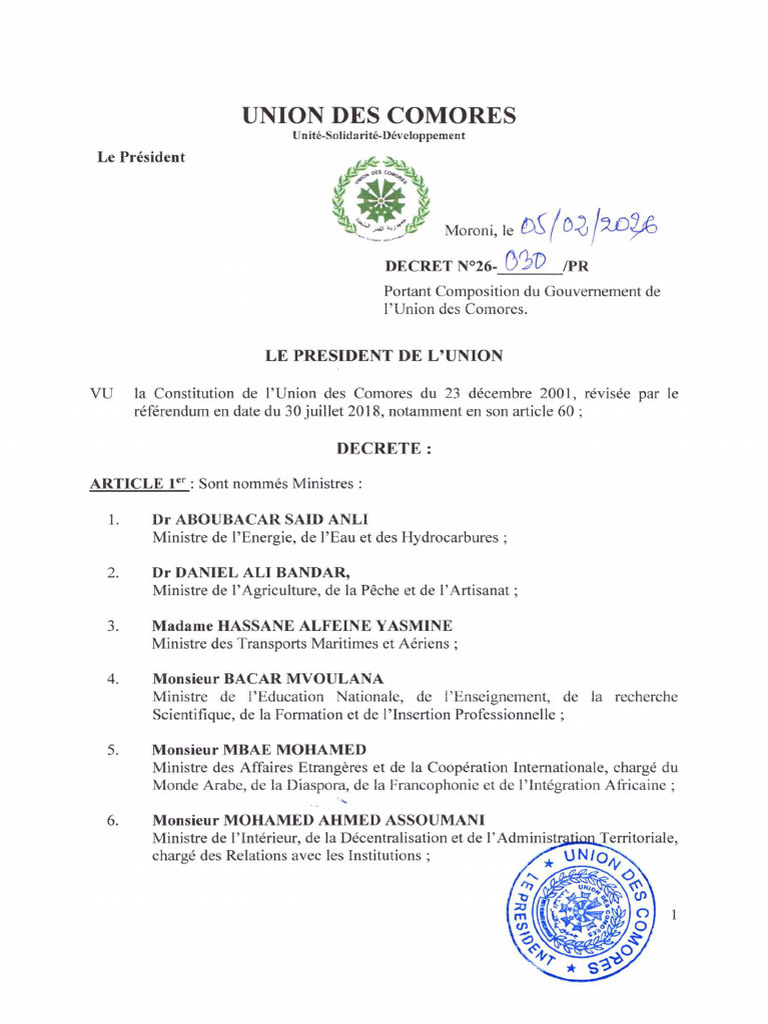 Décret N°26-030PR Du 05 Fév 2026 Portant Composition Du Gouvernement de ...