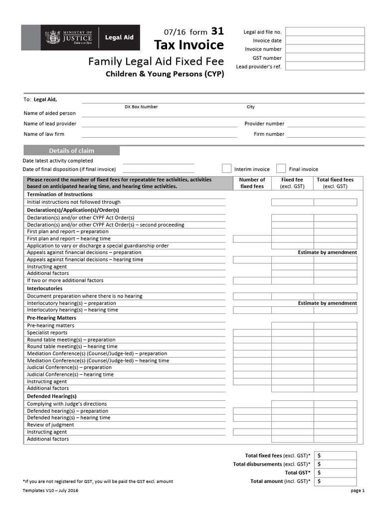 LA Form 31 0716 Family Legal Aid Tax Invoice Children and Young Person ...
