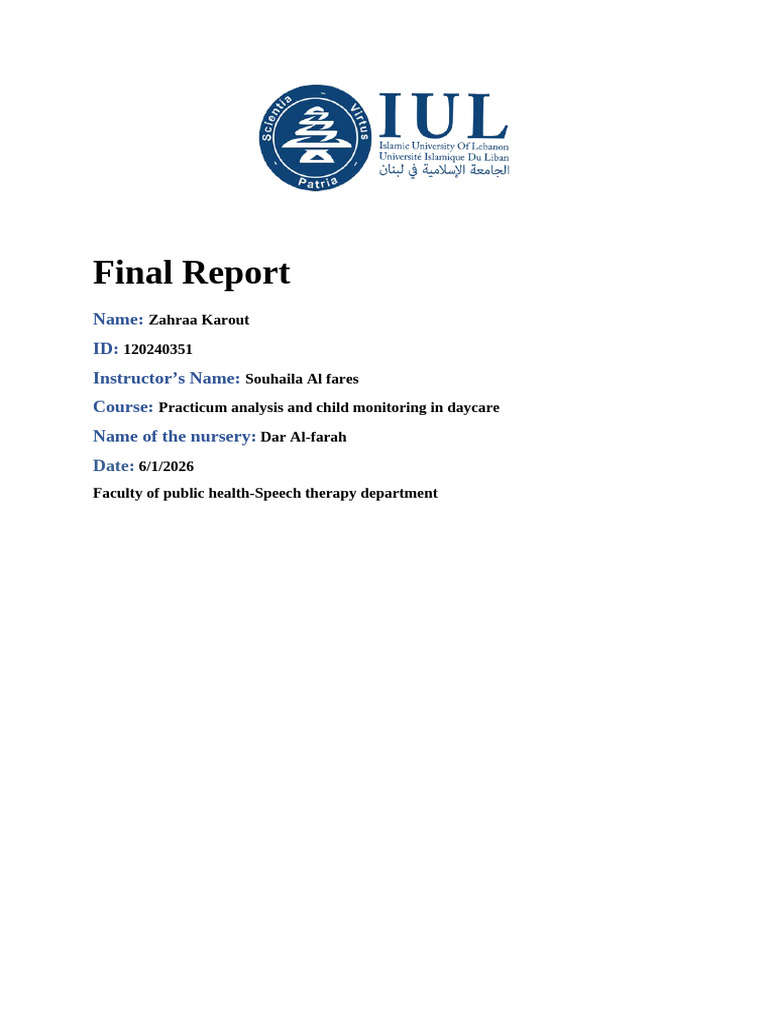 Final Report-Zahraa Karout | PDF | Child Care | Child Development