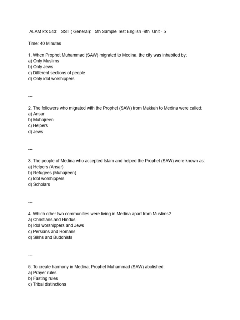 ALAM Ktk 543- SST ( General)- 5th Sample Test English -9th Unit - 5 ...