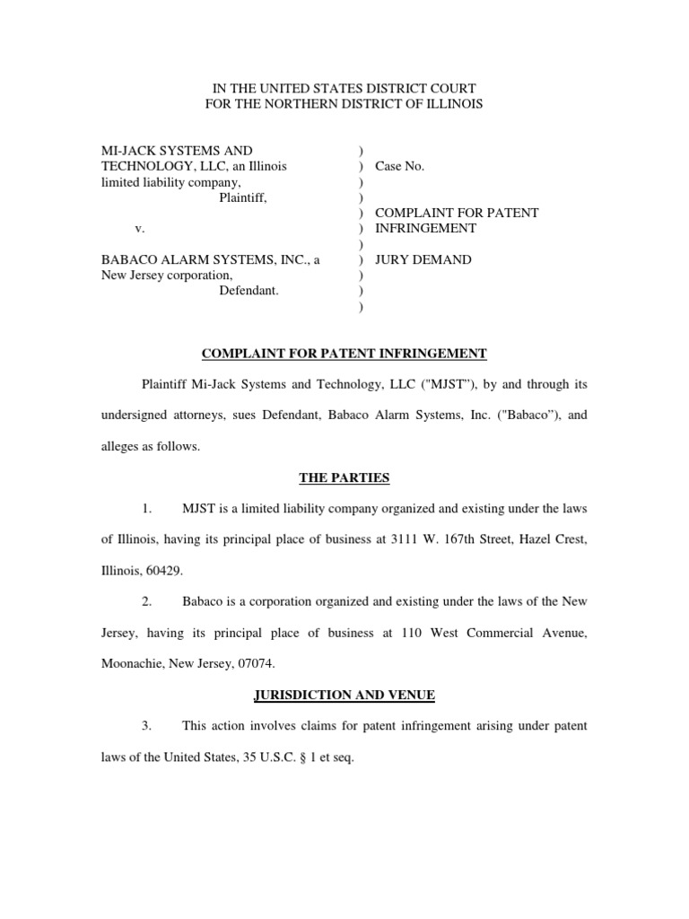 Mi-Jack Systems and Technology v. Babaco Alarm Systems | Download Free ...