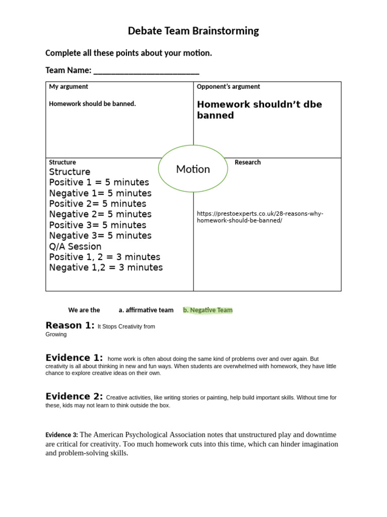 Debate Brainstorming (1) | PDF | Homework | Sleep Deprivation