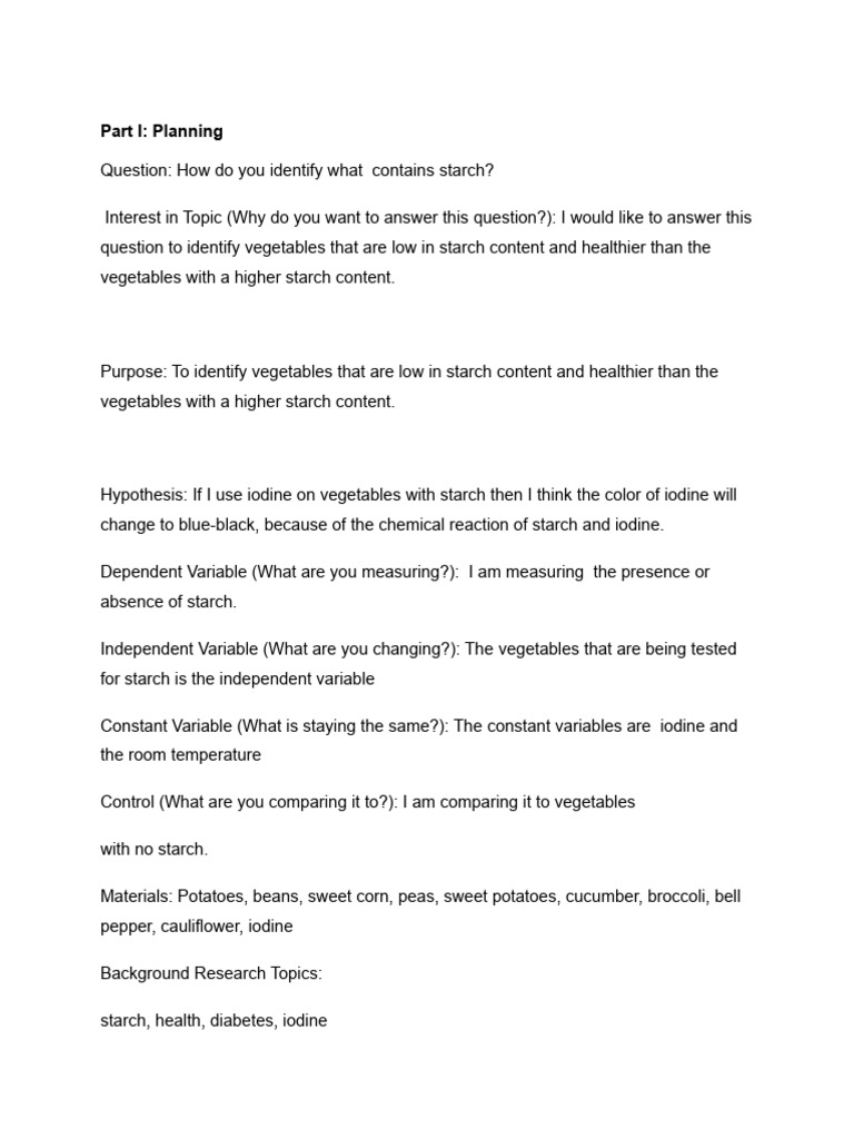 _Science Fair Project Packet Madhav | PDF | Vegetables | Starch