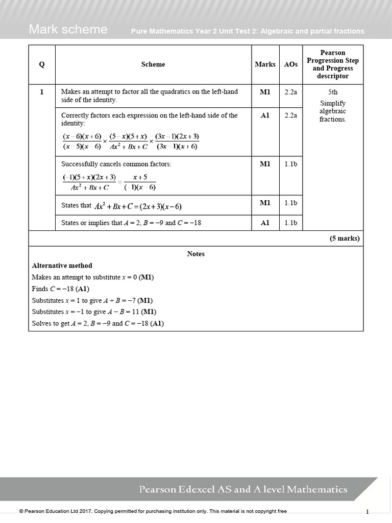 Algebraic and Partial Fractions Mark Scheme | PDF | Equations ...