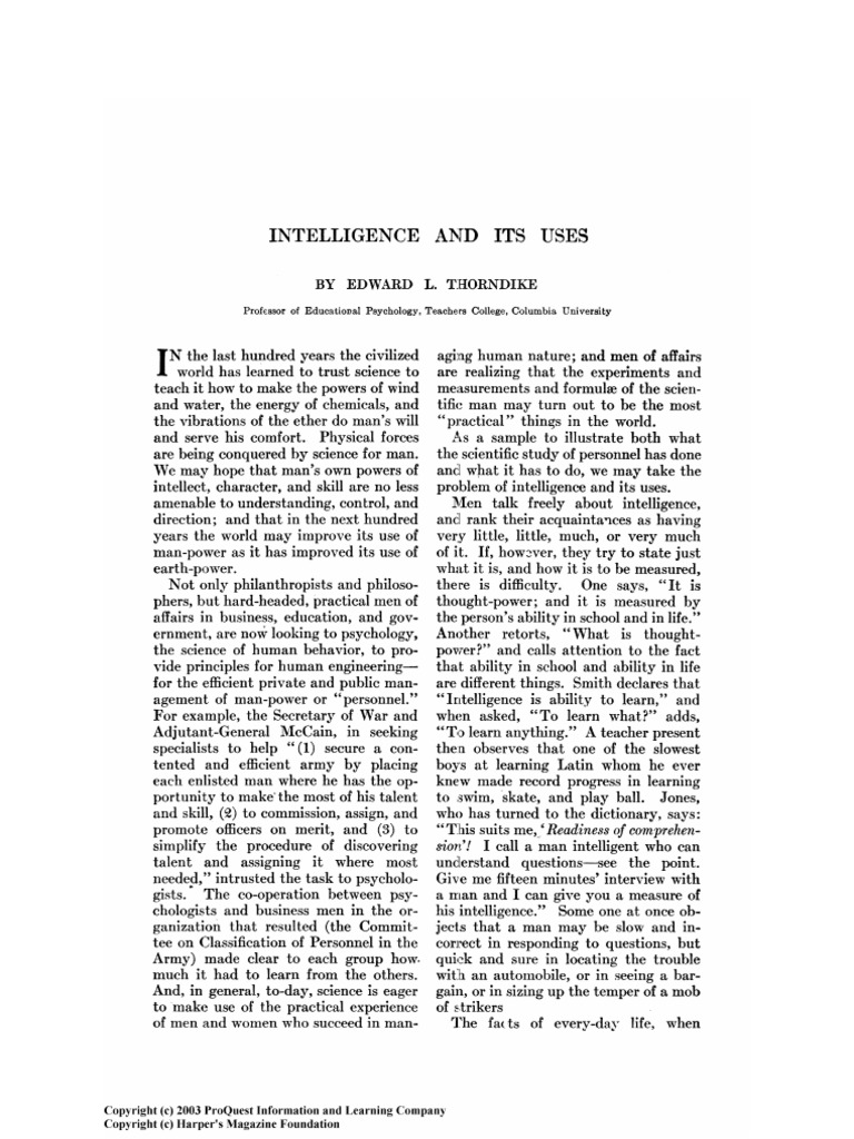 Intelligence and Its Uses | PDF