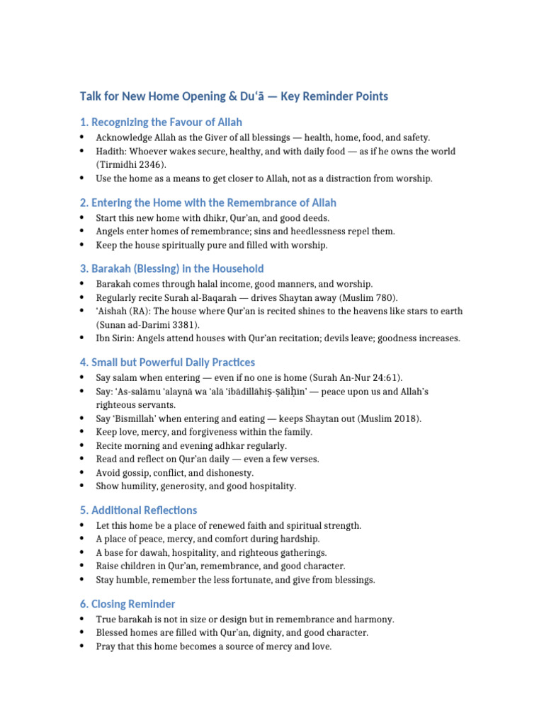 Short Bullet Points New Home Talk and Dua Notes | PDF | Semitic Words ...