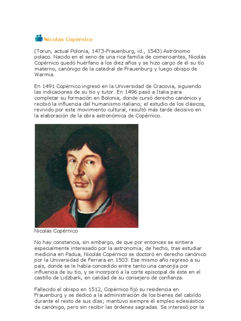 Nicolás Copérnico: Vida y Logros | PDF | Nicolás Copérnico | Galileo ...