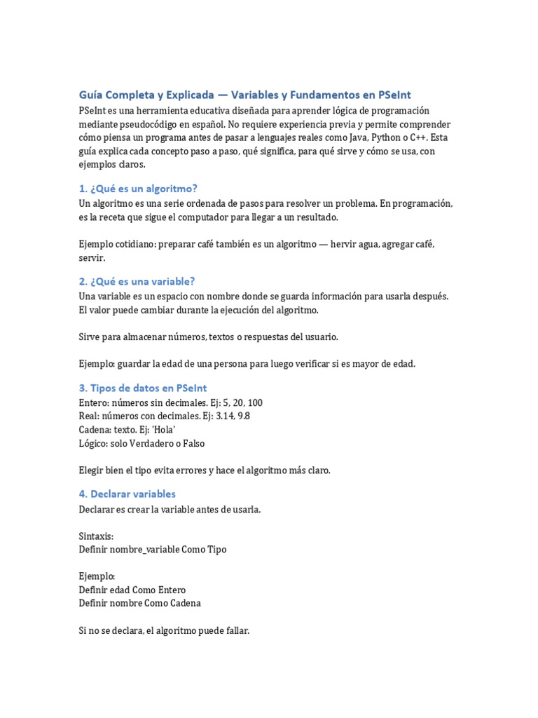 Guia PSeInt Detallada | PDF | Algoritmos | Programación de computadoras