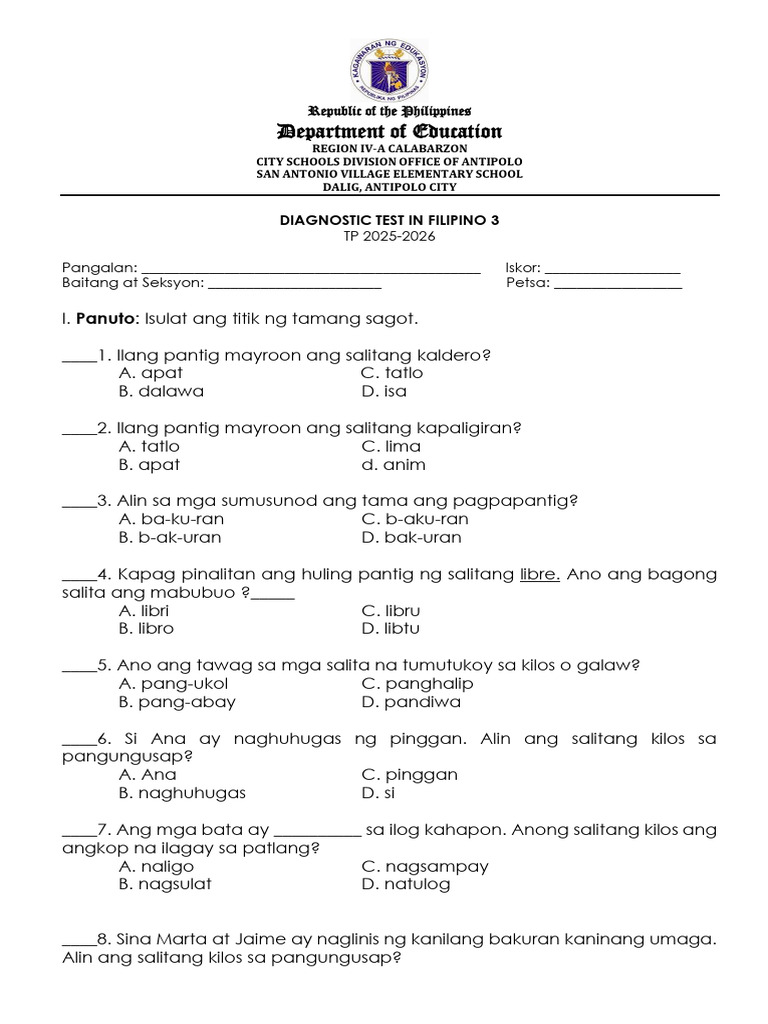 Diagnostic Test in Filipino | PDF