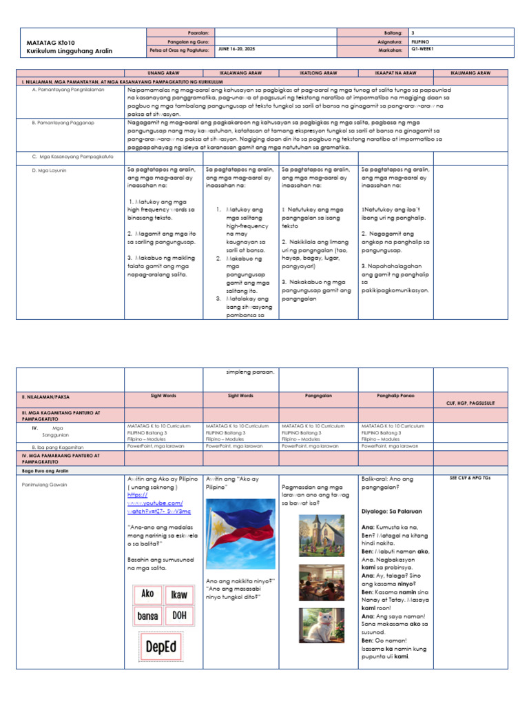 W1 Q1 Filipino Matatag DLL | PDF