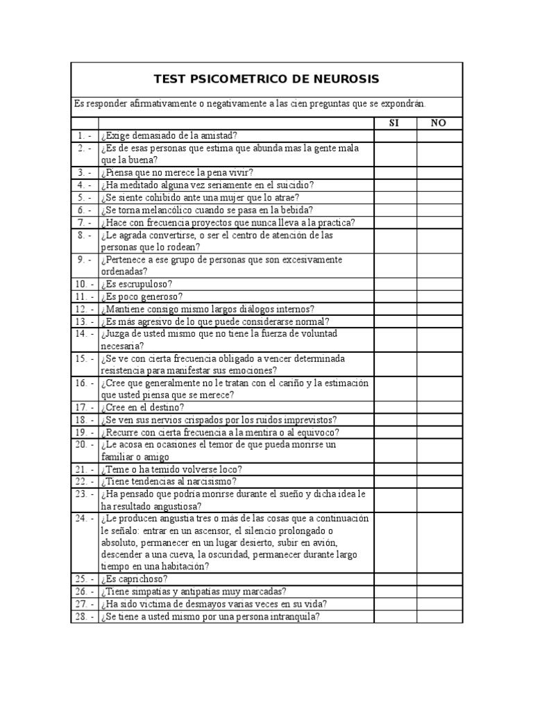 Test - Test Psicometrico de Neurosis | Ciencias del comportamiento ...
