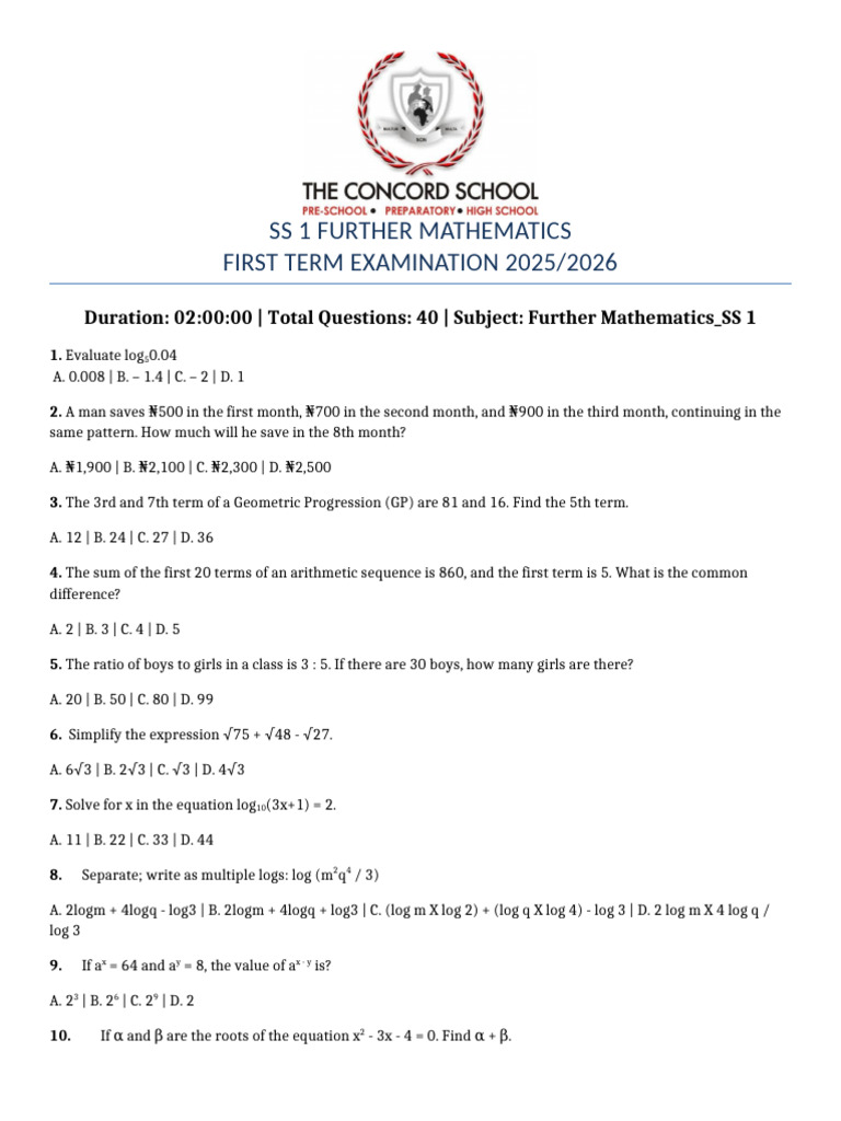 SS 1 Further Mathematics First Term Examination | PDF | Logarithm ...