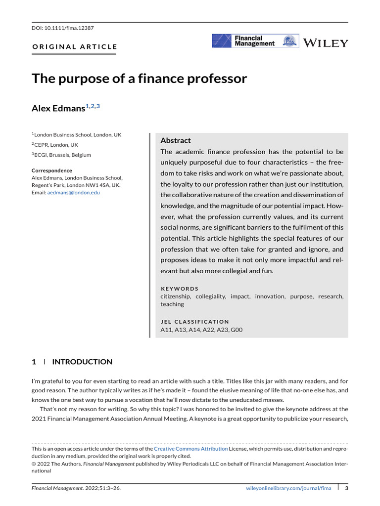 The Purpose of A Finance Professor | PDF | Luck | Knowledge