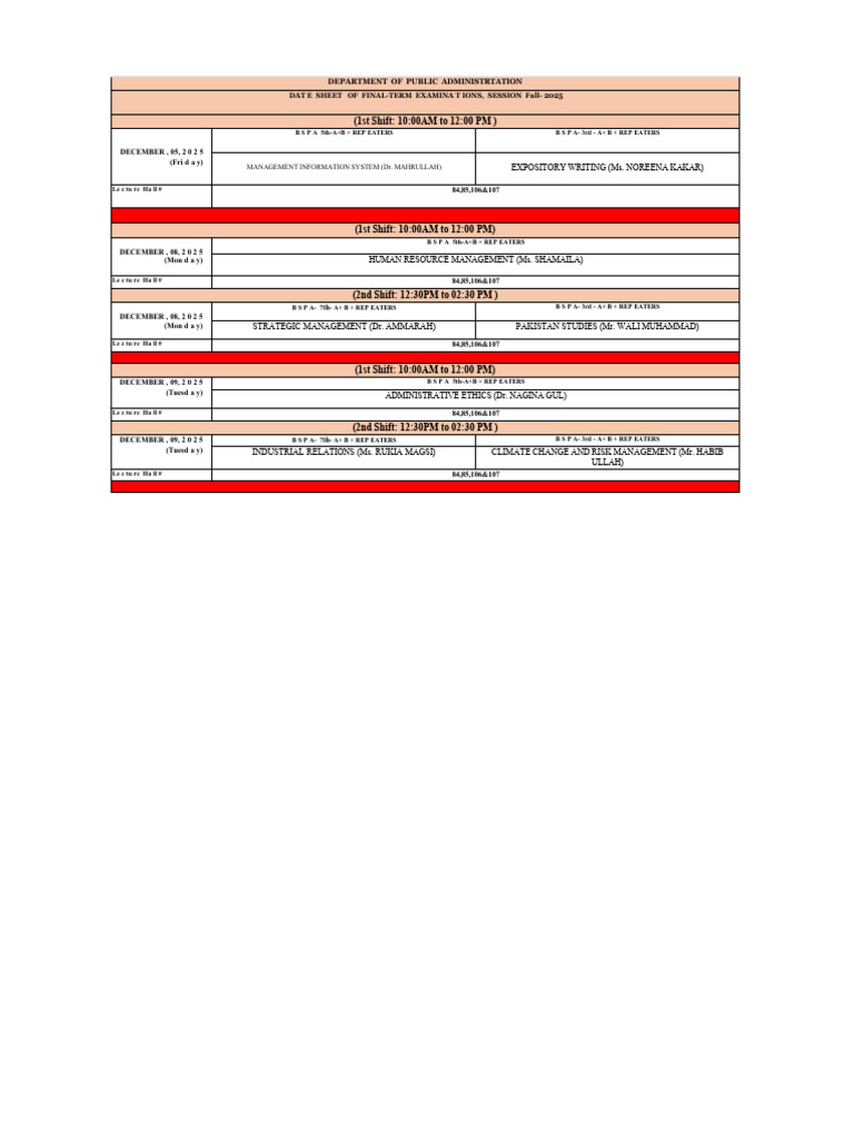 Public Ad. Final Term Date Sheet Fall 2025 (Final Version) | PDF