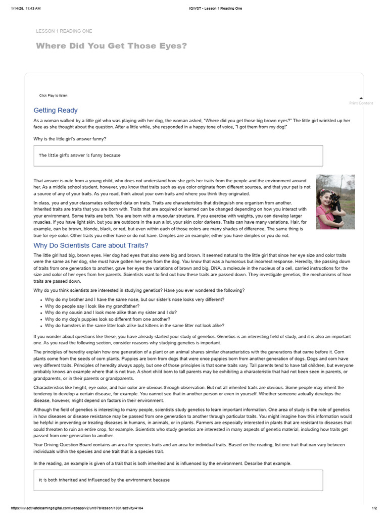 Robert Horeni - IQWST - Lesson 1 Reading One (1) | PDF | Genetics ...