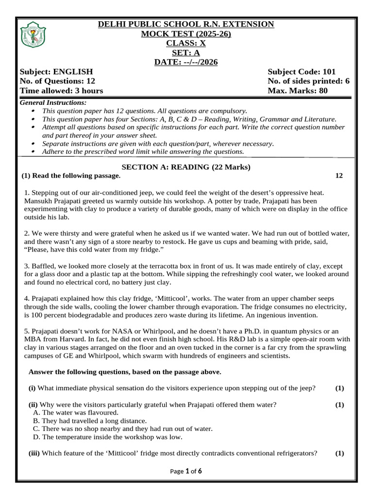 Class X Mock Test (2025-26) ENGLISH Question Paper | PDF | Refrigerator