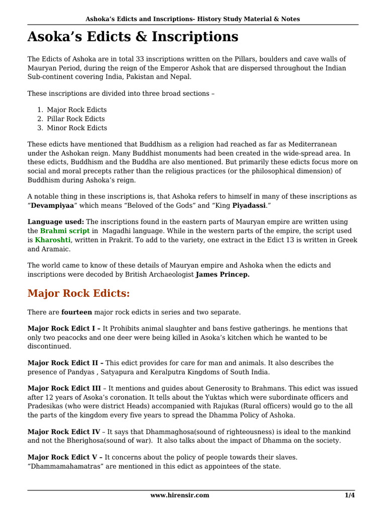 Ashokas Edicts Inscriptions History Study Material Notes | PDF | Ashoka ...