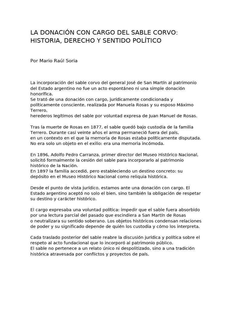 La Donacion Con Cargo Del Sable Corvo Mario Raul Soria | PDF