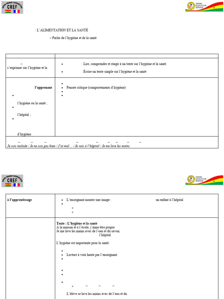 CREF French Lesson Plan For Basic School | PDF | Hygiène