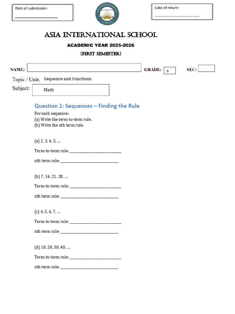 Unit 9 Sequences and Functions WORKSHEET | PDF