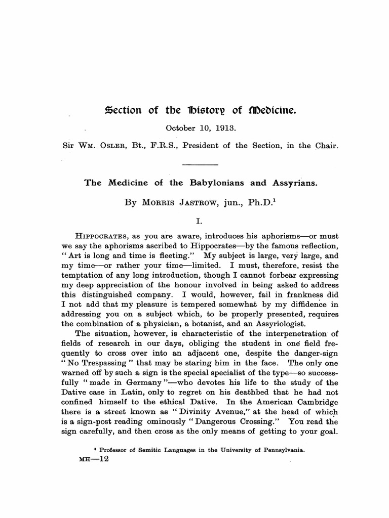 The medecine of the Babylonians and Assyrians By MORRIS JASTROW, jun ...
