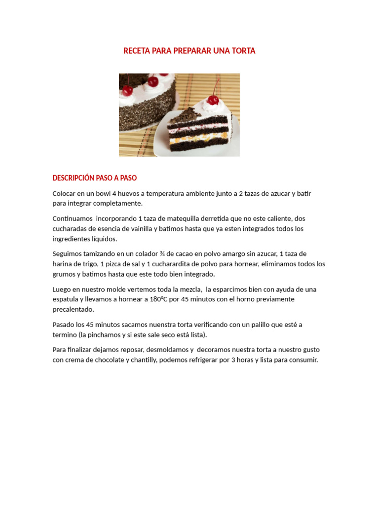 Receta Para Preparar Una Torta (Mary Brito) | PDF | Chocolate | Alimentos
