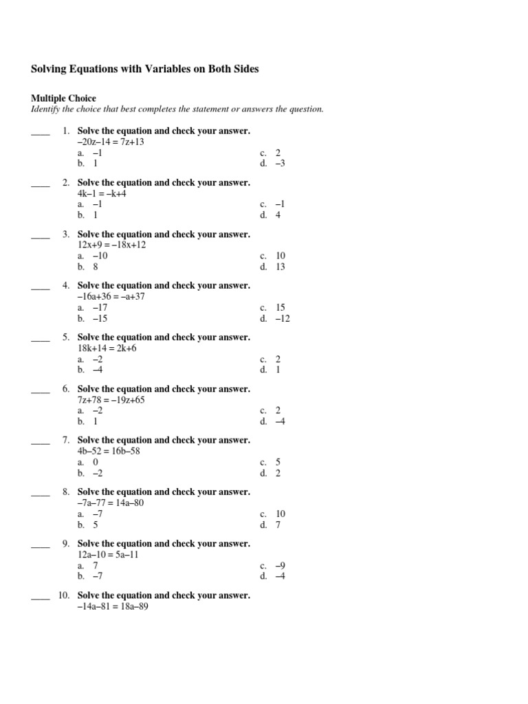Solving Equations With Variables On Both Sides | PDF | Equations ...