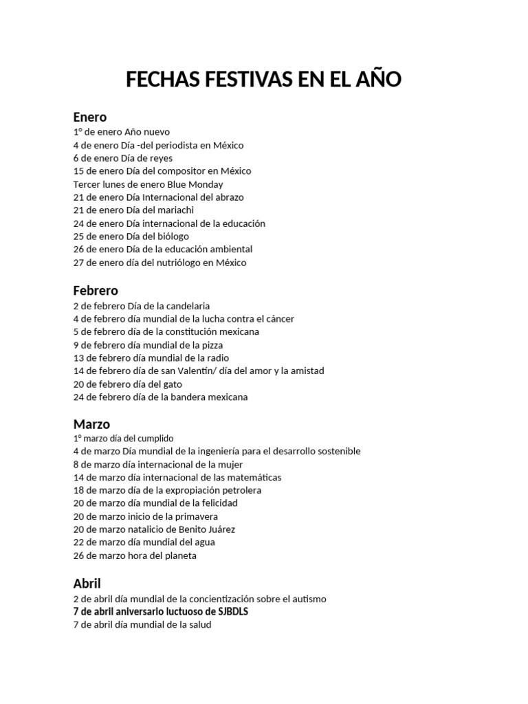 FECHAS FESTIVAS EN EL AÑO | PDF | México