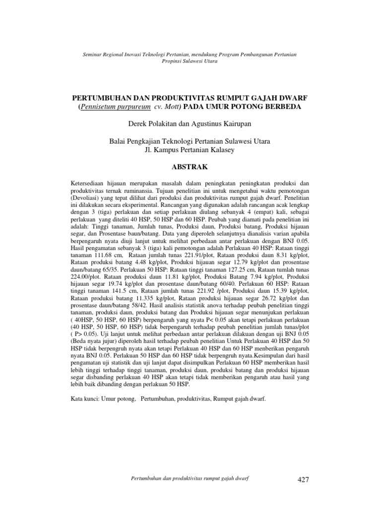Pertumbuhan Dan Produktivitas Rumput Gajah Dwarf Pennisetum Purpureum ...