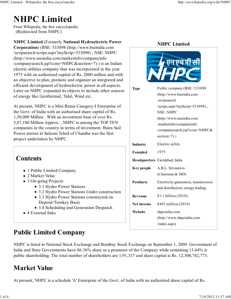 NHPC Limited - Wikipedia, The Free Encyclopedia | PDF | Physical ...