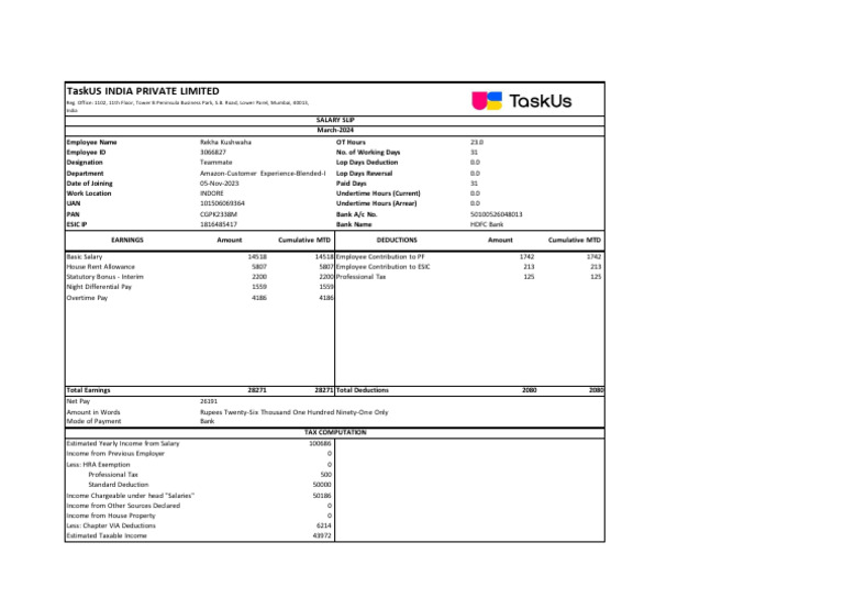 salaryslipmarch..taskus. | PDF | Tax Deduction | Salary